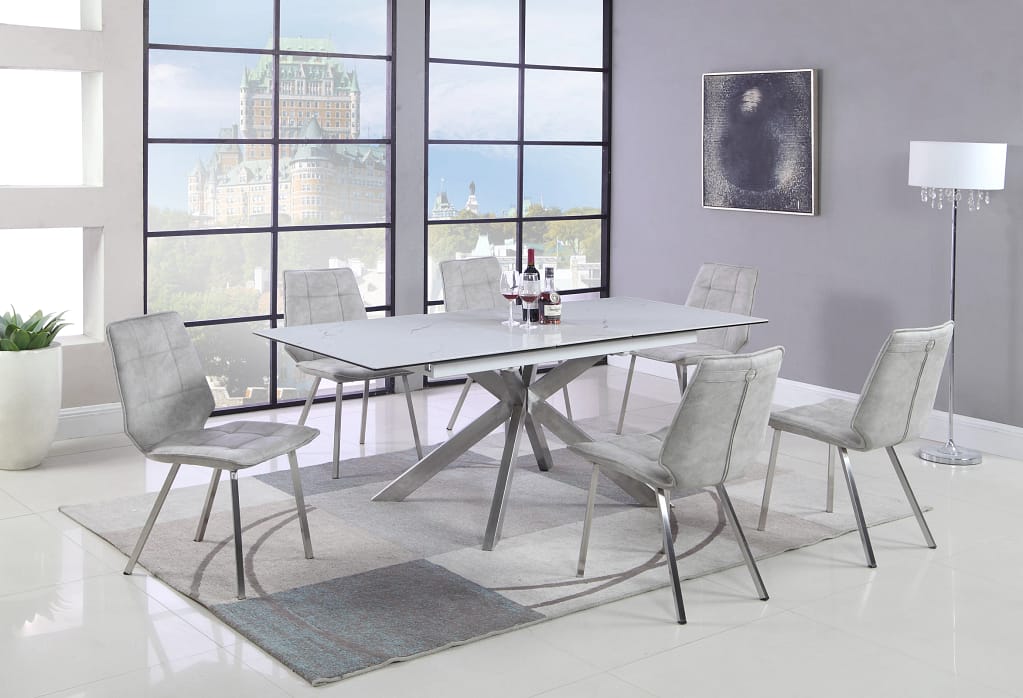 7 Piece Agio Light Grey Velvet Rectangular Dining Table Set