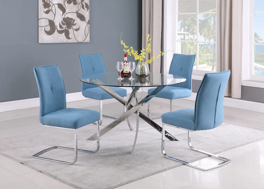 5 Piece Jordan Light Blue Velvet Round Dining Table Set
